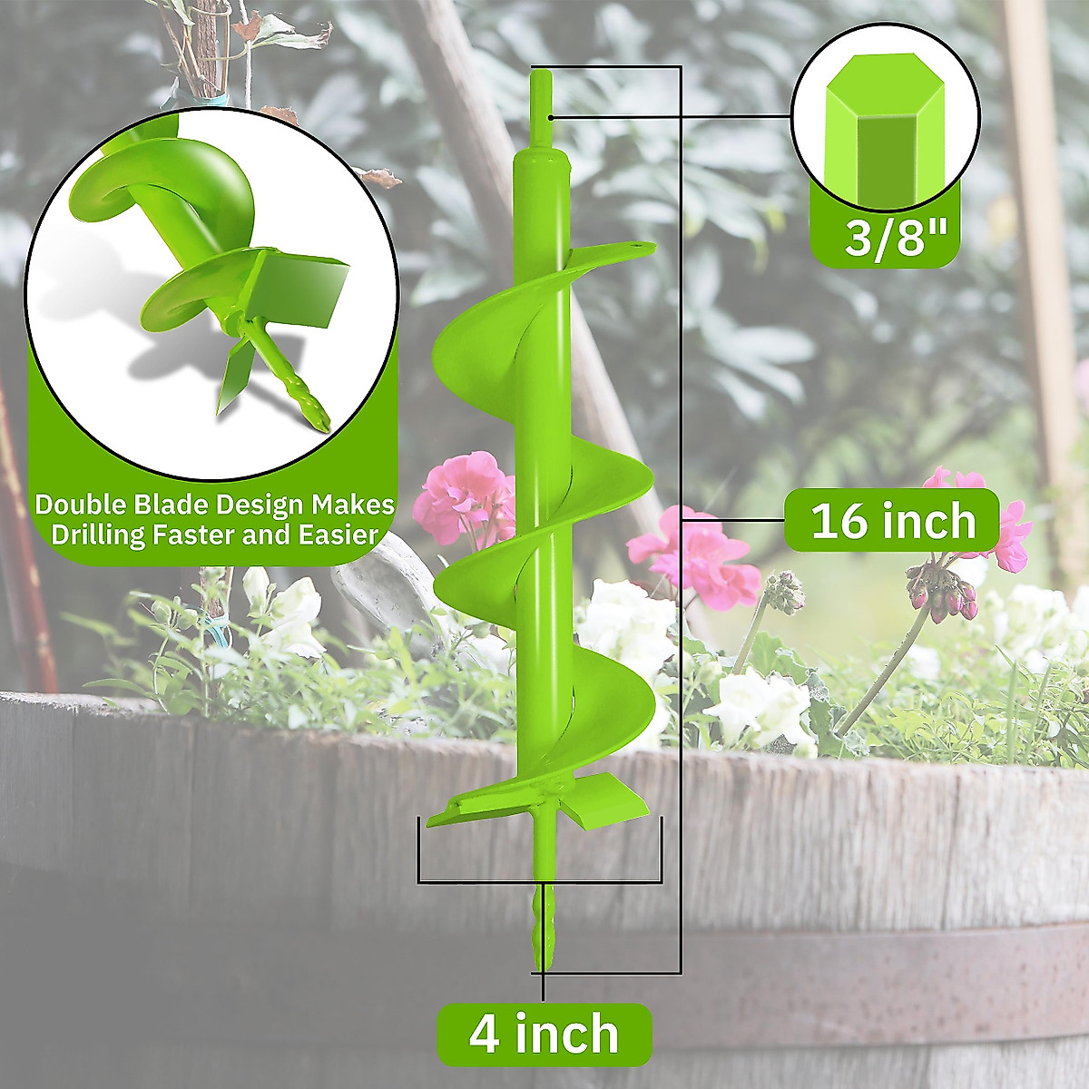 Upgraded Garden Auger Drill Bit 4 x 16”,Double Blade Heavy Duty Garden Auger Bit,Ice Drill Auger-3/8" Hex Drive Drill, for Planting Bulb & Bedding Plant Augers