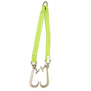 Mytee Products V Bridle Tow Strap 3" x 36" w/ 15" J Hook w/T-J Hooks, Hi VIZ/High Abrasion Green Webbing, 5400 lbs WLL | Recovery V-Strap w/Reinforced Webbing for Towing, Car Wrecker, Rollback