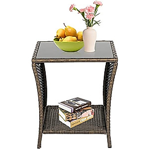 J-SUN-7 Patio Square Wicker Side Table - Set of 2 Outdoor Tempered Glass Top End Table with Storage for Patio Courtyard Balcony (Brown)