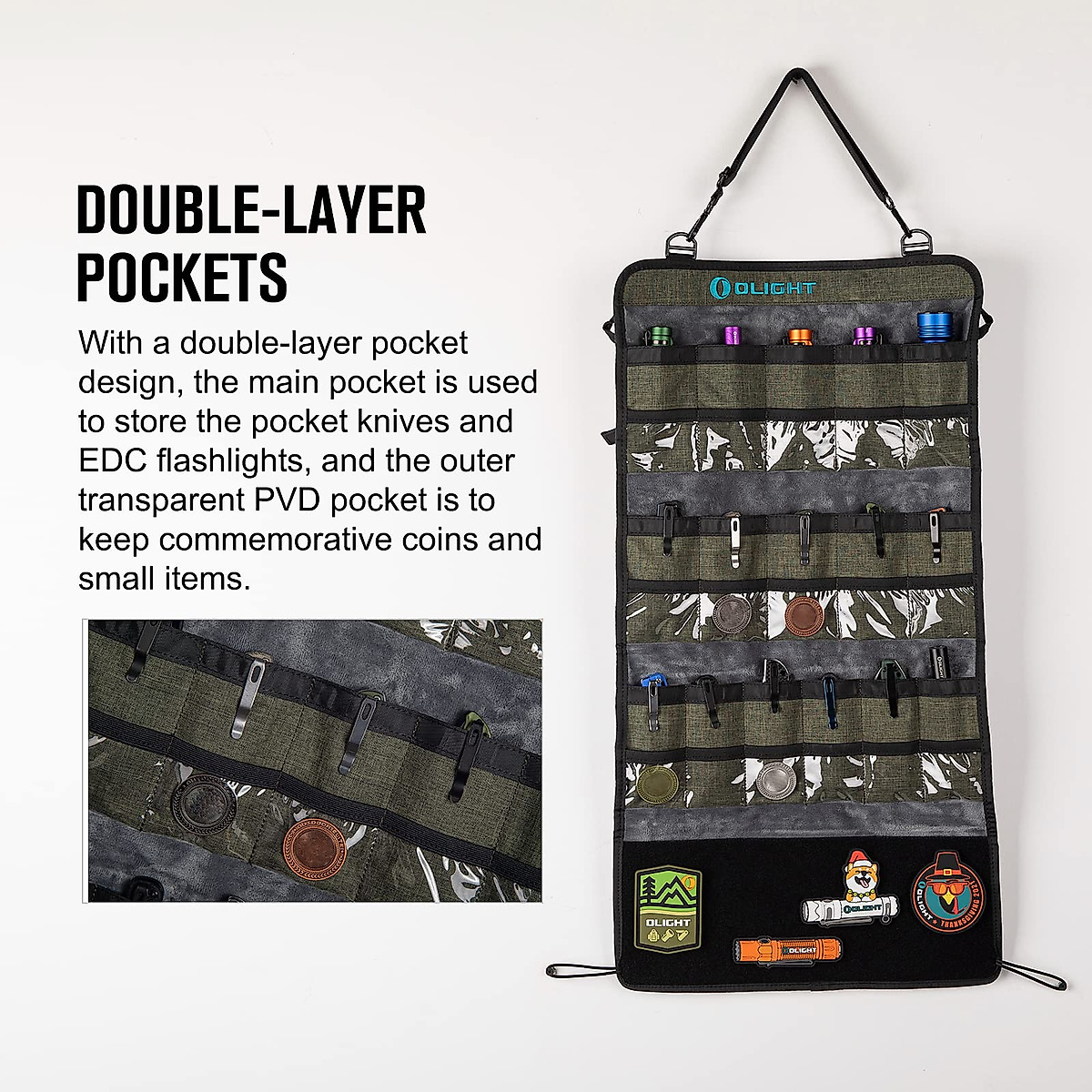 OLIGHT Exploit Multifunctional Knifebag, EDC Display Storage Bag with Detachable Pouch, Double-Layer Large-Capacity Organizer with 20 Slots for Pocket Flashlights and EDC Tools (ODG)