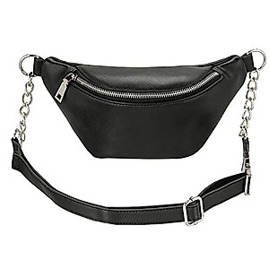 BigBigMe Fanny Pack for Women, Fashion Leather Waist Bag Belt Bag with Adjustable Strap Crossbody bag Chest Bag Phone Purse with Metalic Chain, Gifts for Women, Black