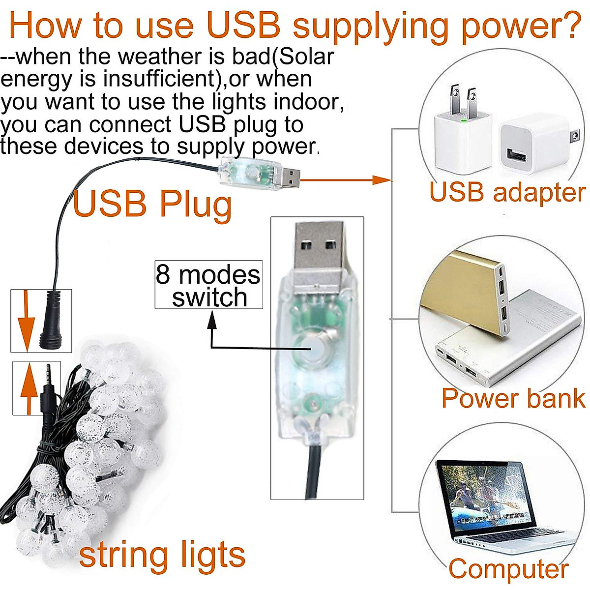Sakruda Solar String Lights 60LEDS 37FT,Solar or USB Powered,Waterproof Crystal Balls with 8 Lighting Modes,Outdoor Garden Fairy Light for Patio Lawn,Home,Wedding Party,Christmas Decoration(White)