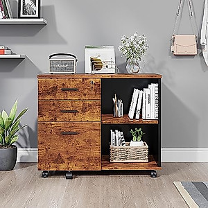 Wood File Cabinet, 3 Drawer Mobile Lateral Filing Cabinet On Wheels, Printer Stand with Open Storage Shelves for Home Office (Wood)