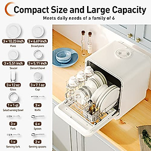 JOYOUNG Portable Countertop Dishwasher, 5L Built-in Water Tank, 5 Washing Programs with Air-Dry Function, 360° Dual Spray Arms, Compact Size and Large Capacity for a Family of 6