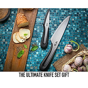 Vos Ceramic Knife Set with Covers 2 Pcs - 5" Santoku Knife, 3" Paring Knife and 2 Black Covers - Advanced Kitchen Knives for Cutting, Chopping, Slicing, Dicing with Ergonomic Unique Handles
