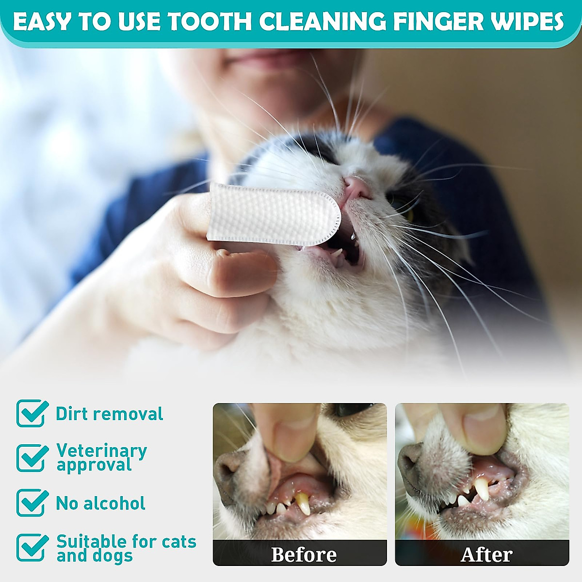 PET Hous Teeth Cleaning Finger Wipes for Cat & Dog & Rabbit.Reduces Plaque & Freshens Breath Finger Wipes, Disposable Gentle Cleaning & Gum Care Pet Wipes (50PCS)