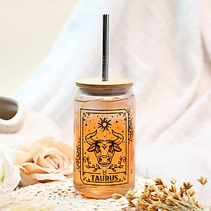 Nefelibata Taurus Gift Set,Beer Can Glass with Lid Metal Straw and Cleaning Brush,Aquarius Zodiac Birthday Gifts for Women and Men,16 oz Reusable Drinking Glass Cup for Coffee Tea Wine Soda Juice