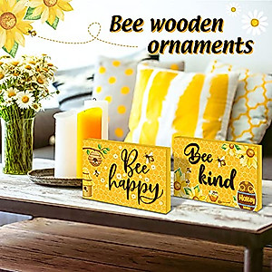 Jetec 2 Pieces Bee Happy Wood Sign Bee Kind Wood Decor Bee Sign Rustic Wooden Wall Decor Bee Wooden Sign Farmhouse Bee Box Signs Bee Happy Wooden Plaque for Home Party Door Decoration