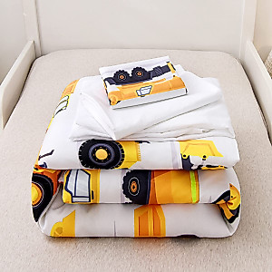 NTBED 4 Pieces Construction Toddler Bedding Set for Baby Boys, Truck Vehicles Excavator Cars Printed, includes Comforter, Flat Sheet, Fitted Sheet and Pillowcase,White