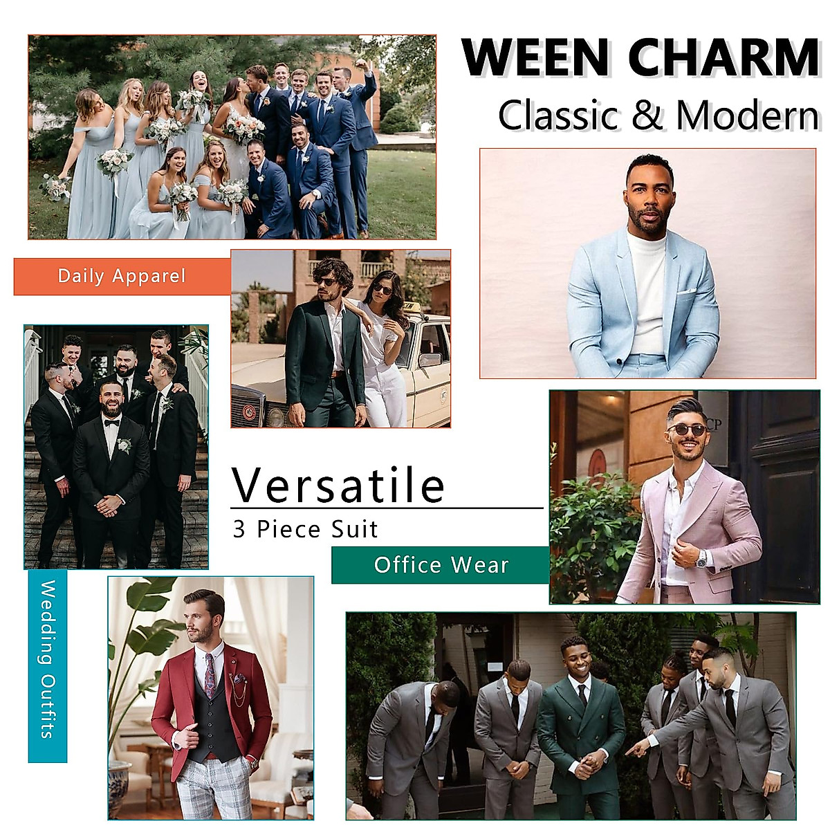 WEEN CHARM Men's Suits Slim Fit,3 Piece Suit for Men,2 Button Blazer Jacket Vest Pants with Tie,Men Tuxedo Suit Set Black