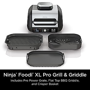 Ninja IG601 Foodi XL 7-in-1 Indoor Grill Combo, use Opened or Closed, Air Fry, Dehydrate & More, Pro Power Grate, Flat Top Griddle, Crisper, Black, 4 Quarts