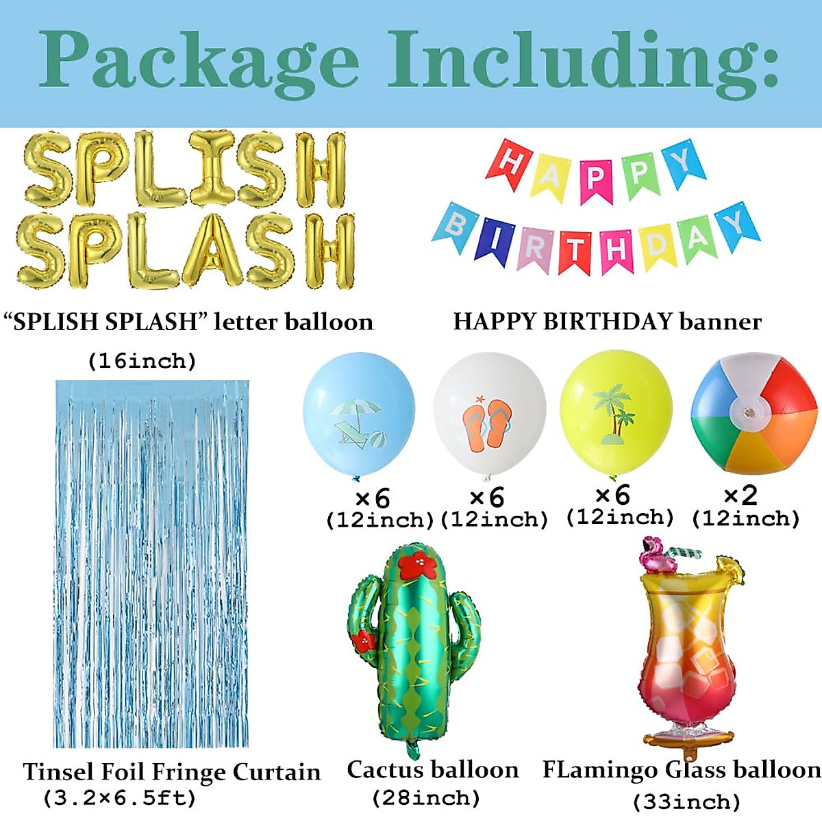 Splish Splash Birthday Bash Party Decorations HAPPY BIRTHDAY Banner Beach Ball Flamingo Cactus Balloons Hawaiian Luau Tropical Summer Pool Beach Birthday Party Decoration for Kids