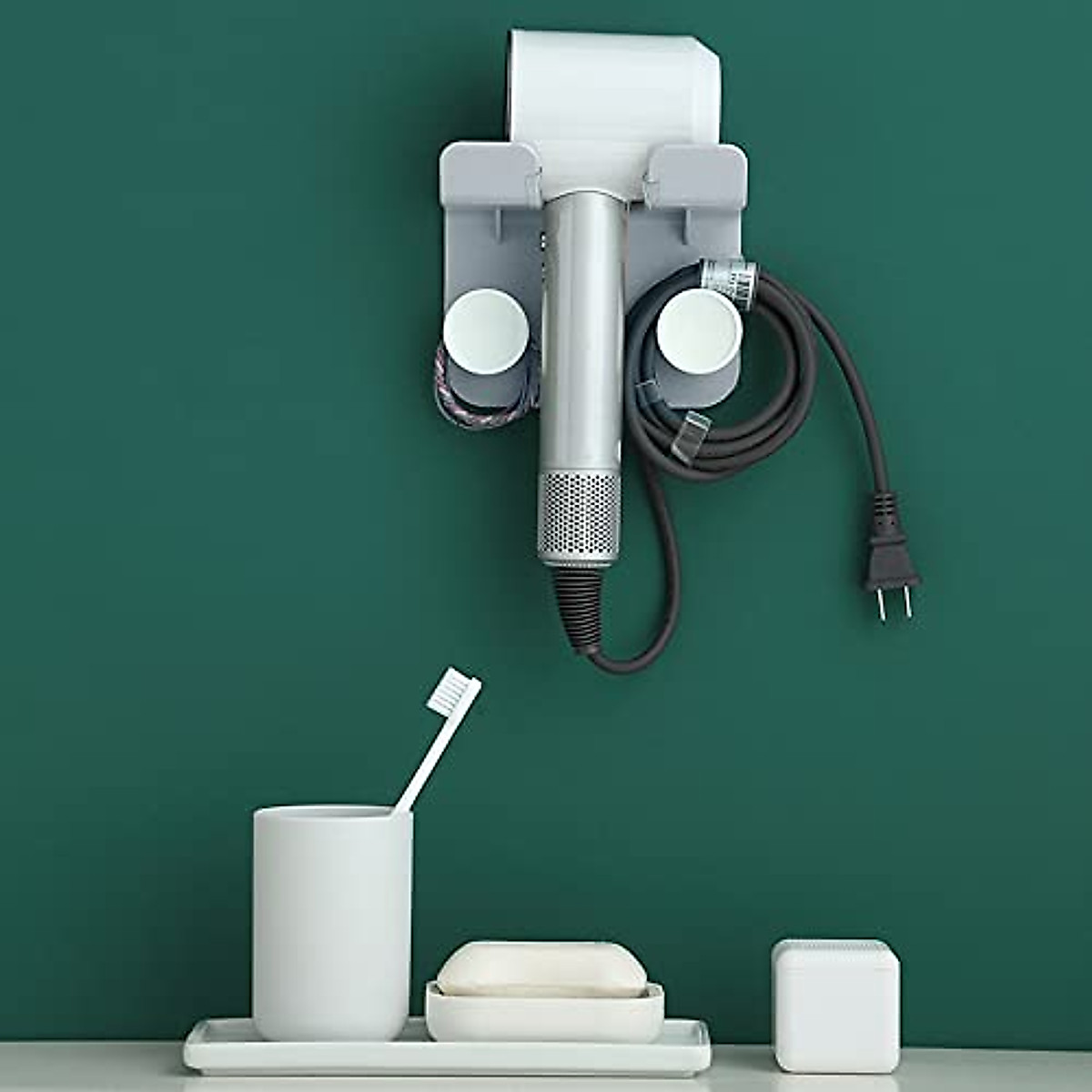 Hair Dryer Holder Wall Mounted, Self Adhesive Blow Dryer Holder with Wire Organizer, Bathroom Hair Dryer Rack for Most Hair Dryers, Removable Hair Care Tool Holder (Gray)