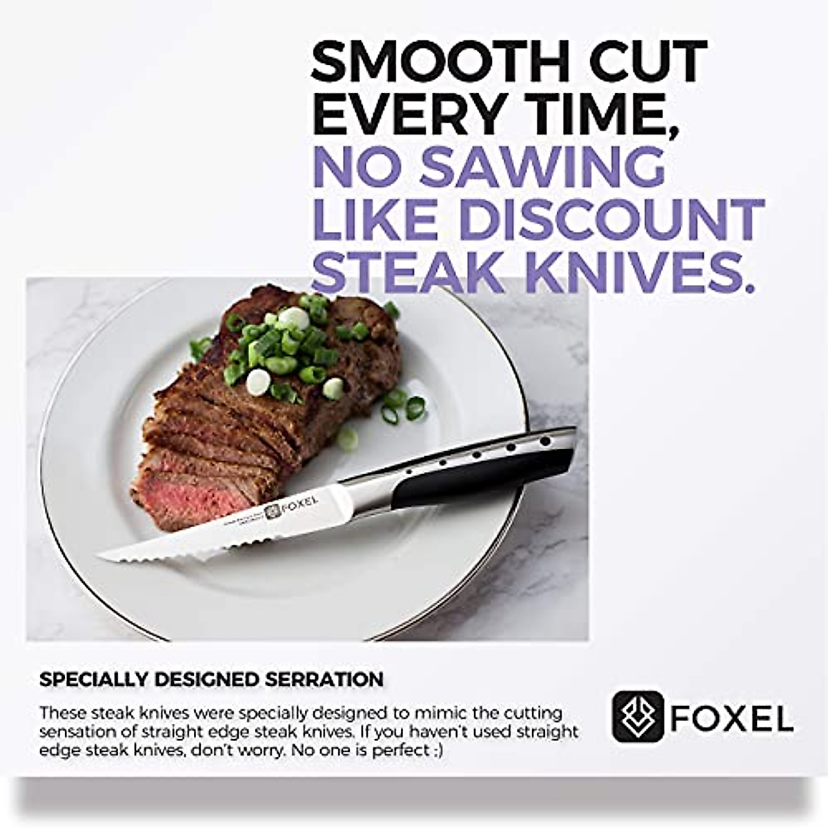 FOXEL Dishwasher Safe Steak Knives Knife Set of 4, 8, or 12 - Serrated Steak Knife Set w/Japanese Stainless Steel, Full Tang Handle, and Rust Resistant Blade - Steak Knifes Gift Box Set