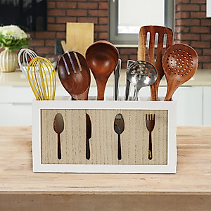 Wooden Kitchen Utensil Holder for Countertop, Rustic Utensil Organizer Cutlery Holder Flatware Silverware Organizer, Cooking Utensil Caddy Organizer with 4 Compartments for Spoons, Forks, Knives