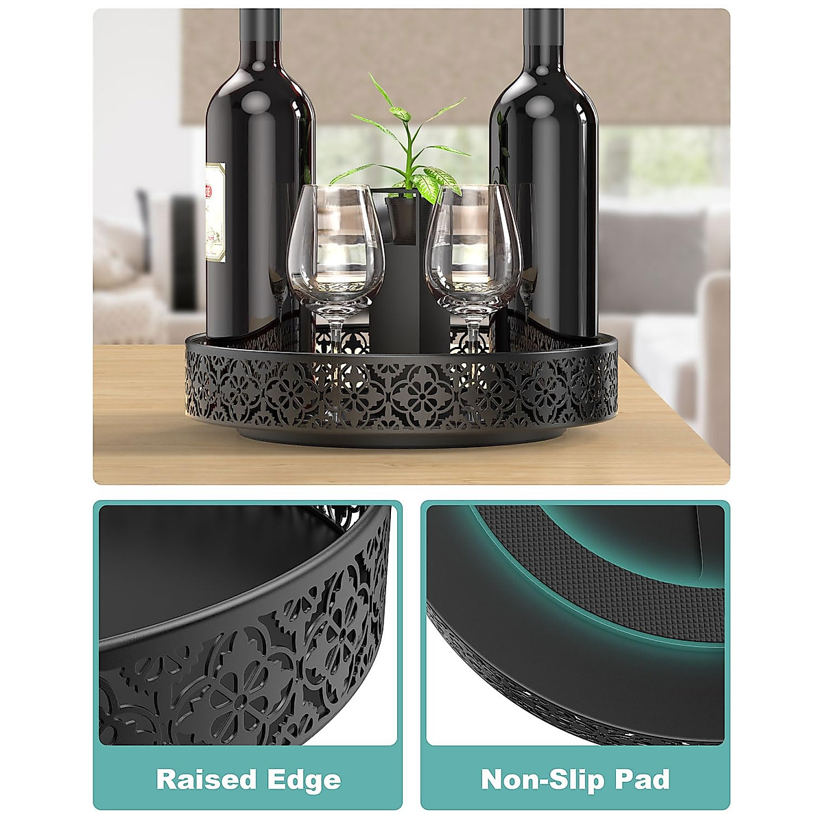 Lazy Susan Organizer, 12 Inch Lazy Susan Turntable for Cabinet, Turntable Organizer for Pantry Vanity Tray Countertop Spice Rack Kitchen Bathroom, Large Lazy Susan with 2 Removable Liners, Black