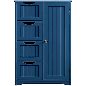 Yaheetech Wooden Bathroom Floor Cabinet, Side Storage Organizer Cabinet with 4 Drawers and 1 Cupboard, Freestanding Entryway Storage Unit Console Table, Bathroom Furniture Home Decor, Navy Blue