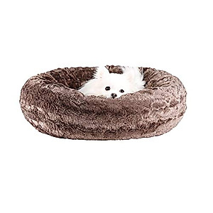 Veehoo Calming Dog Bed & Cat Bed, Anti-Anxiety Small Dog Beds for Medium Dogs, Washable Donut Round Pet Bed with Fluffy Faux Fur for Puppy and Kitten, 23x23 inch, Brown