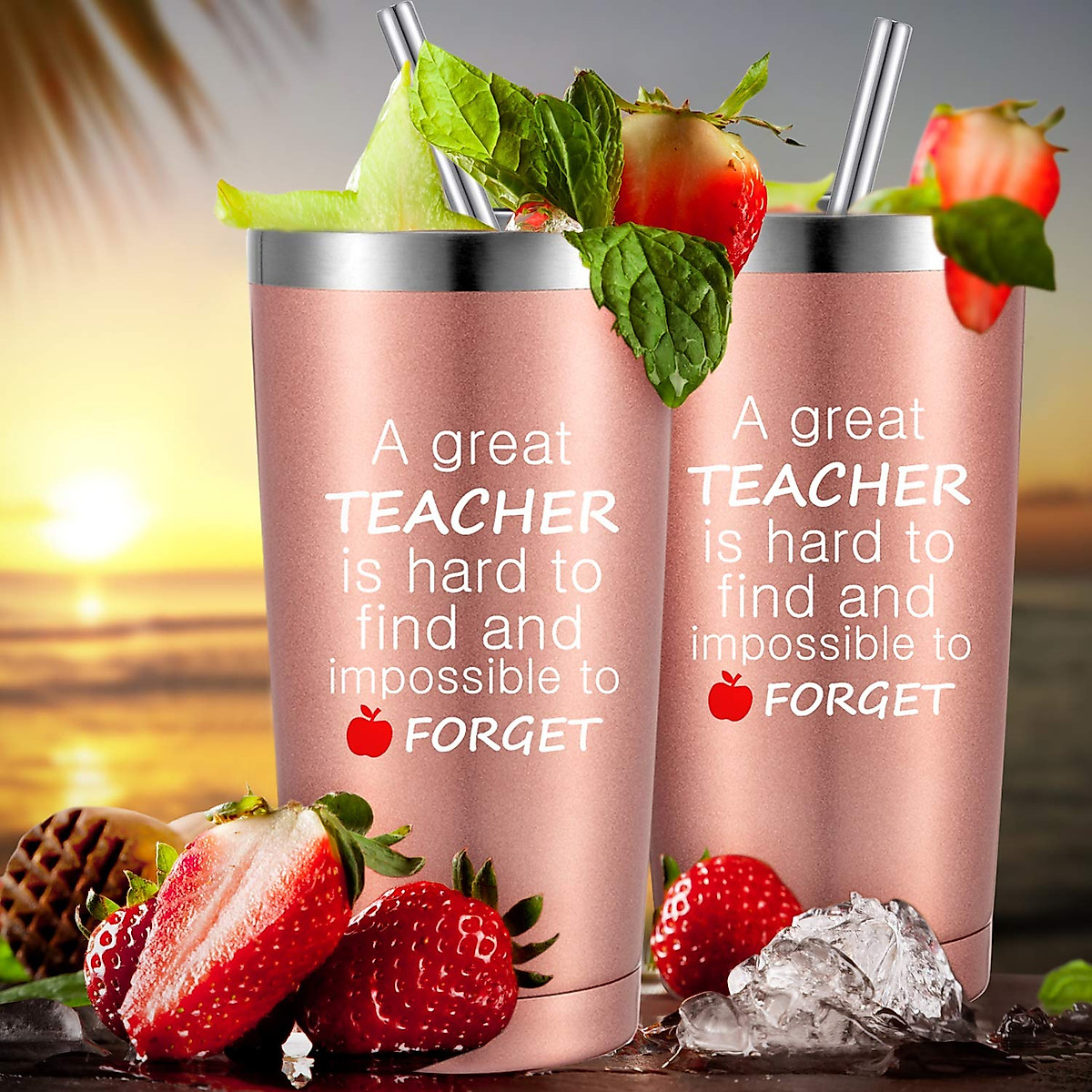 2 Pack Thank You Teacher Appreciation Gifts for Women Teacher, a Great Teacher Is Hard to Find and Impossible to Forget Coffee Cup Travel Mug for Christmas, 20 oz Vacuum Insulation Tumbler (Rose Gold)