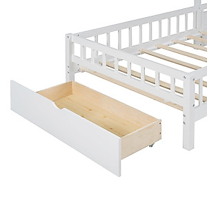 BestLM Twin Size House Bed with Upholstered Sofa & Sparkling Light Strip on The Roof, Wood Platform Bed House Bed Frame with Charging Station, Wireless Charging, Shelves & Two Drawers, White