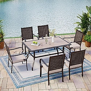 MIXPATIO Outdoor Patio Dining Set 7 Pcs, Patio Dining Table Chair Set, 6 Rattan Chairs with Cushions and 1 Dining Table with Umbrella Hole, for Lawn, Garden, Yards, Poolside