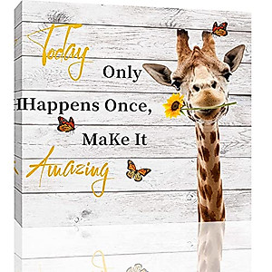 FOTRIC Giraffe Wall Art Decor Cute Giraffe Sunflower Butterfly Picture Wall Decor Home Kids Room Nursery Decor Animal Canvas Wall Art Framed Painting (Wooden frame8''x8'',GIRAFFE)