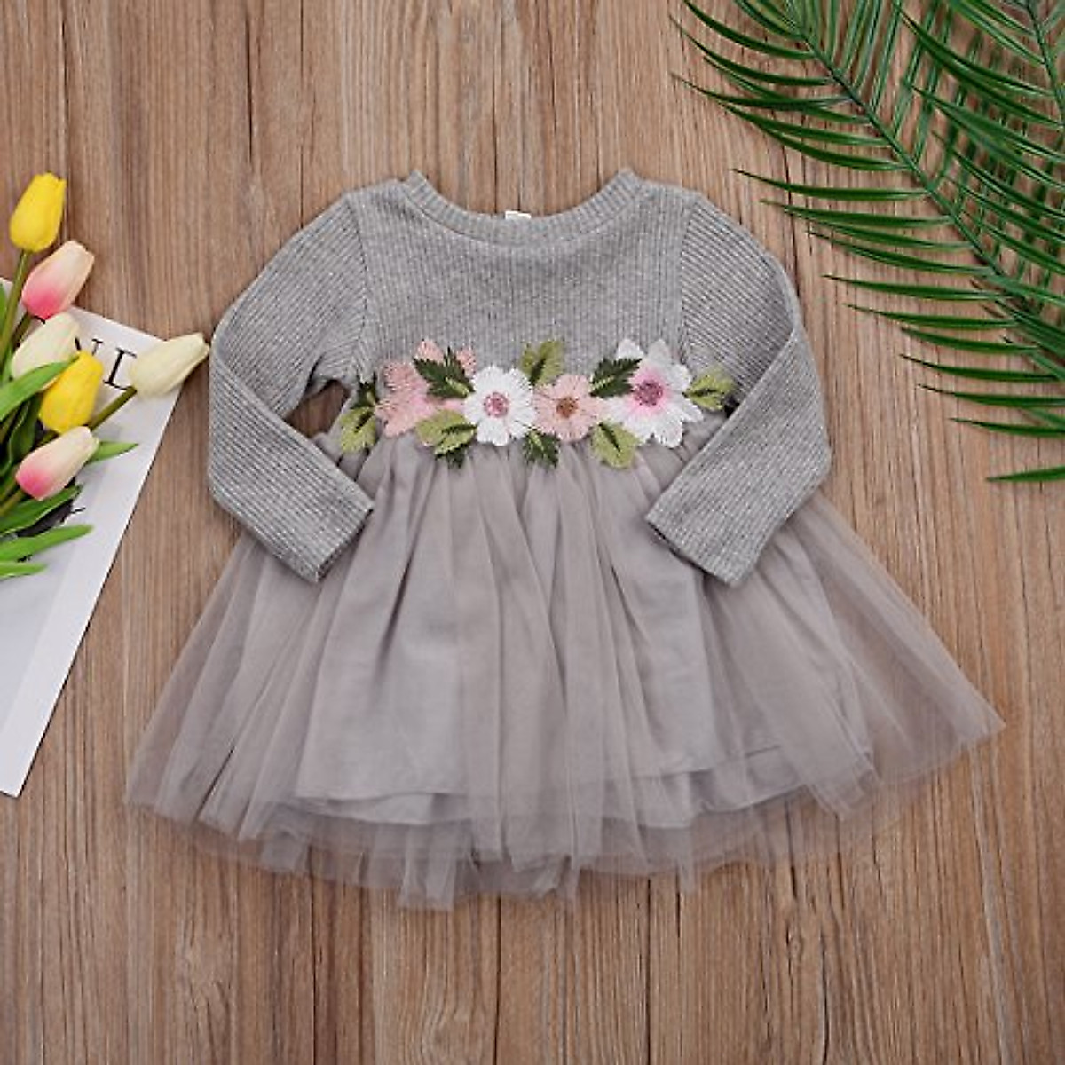 Mubineo Toddler Girl Long Sleeve Knit Dresses Baby Infant Flower Tutu Spring Fall Dress (Grey, 12-18 Months)
