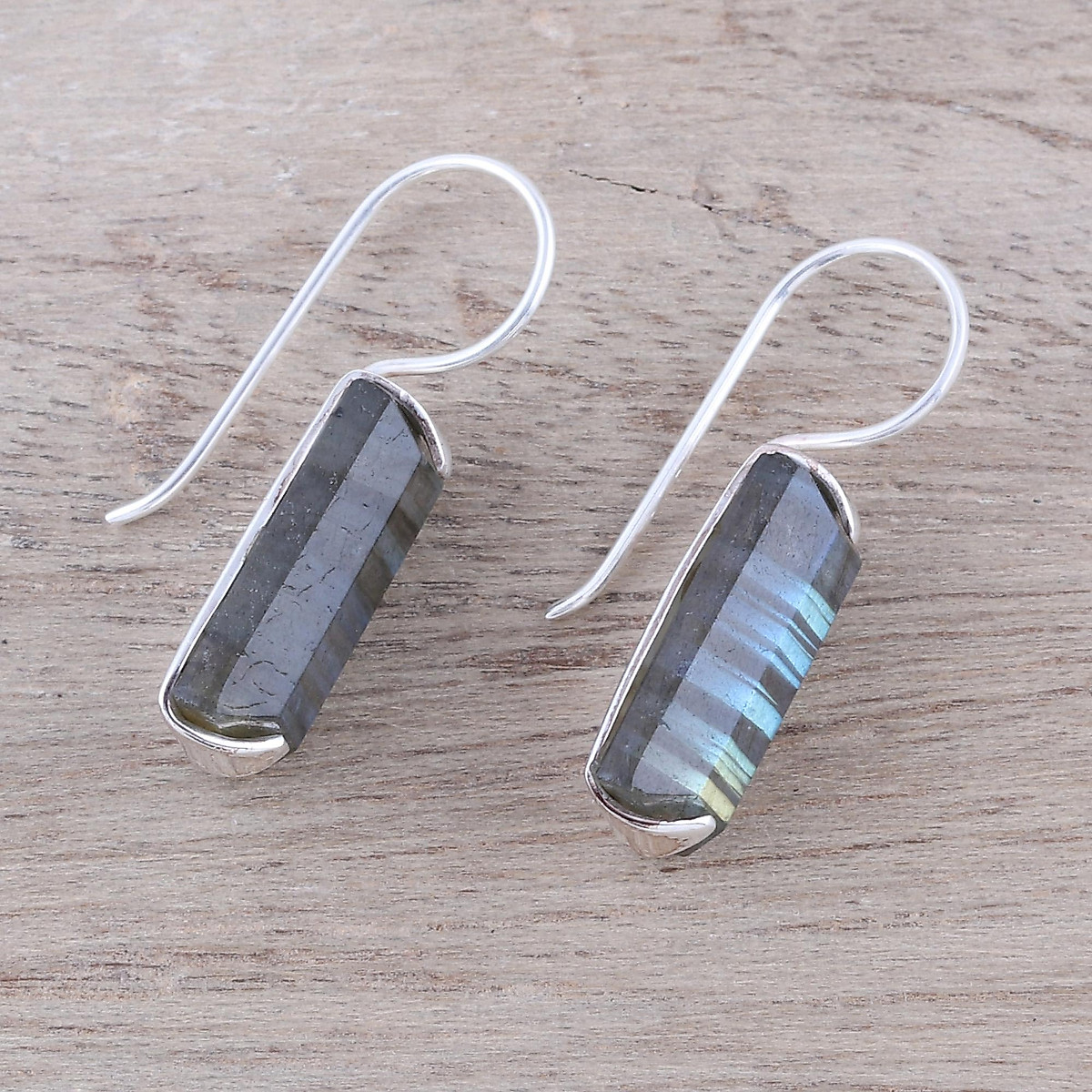 NOVICA Artisan Handmade Labradorite Drop Earrings 12carat from India Sterling Silver [1.1 in L x 0.3 in W x 0.2 in D] ' Beautiful Aurora'