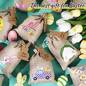 24 Pcs Easter Burlap Drawstring Bags Easter Burlap Bags with Drawstrings Bunny Linen Goody Gift Bags with Double Jute Drawstrings Easter Bags Burlap Easter Bunny Bags for Easter Party (Bright Style)