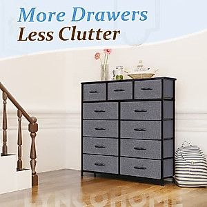 LYNCOHOME Tall Dresser for Bedroom, Chest of Storage Drawers for Clothes, 11 Drawers Dresser for Kids Bedroom Closet Nursery TV Stand, Wood Top, Removable Fabric Drawers (Grey)