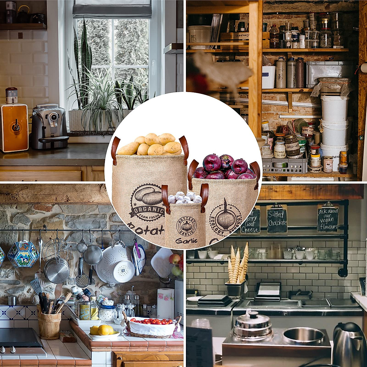 Kamehame Potato and Onion Storage Baskets Pack of 3, Lined Burlap Pantry Storage Bins for Potato Onion Garlic with Handles