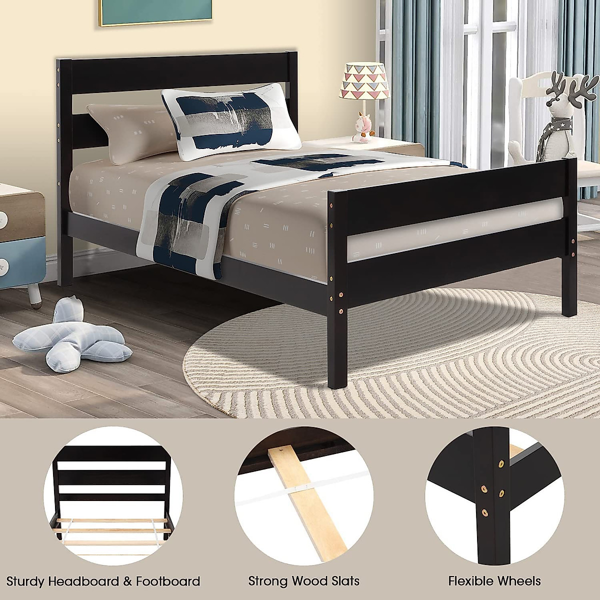 windaze Twin Bed, Wood Frame with Headboard and Footboard for Children Teens Adults, Twin Platform Slat Support No Box Spring Needed, Espresso