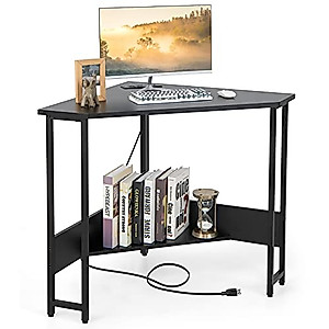 GOFLAME Corner Desk with Power Outlet, Triangle Computer Desk for Small Space, Space-Saving Writing Desk with Storage Shelf and Charging Station, Modern Laptop PC Desk for Home Office (Black)