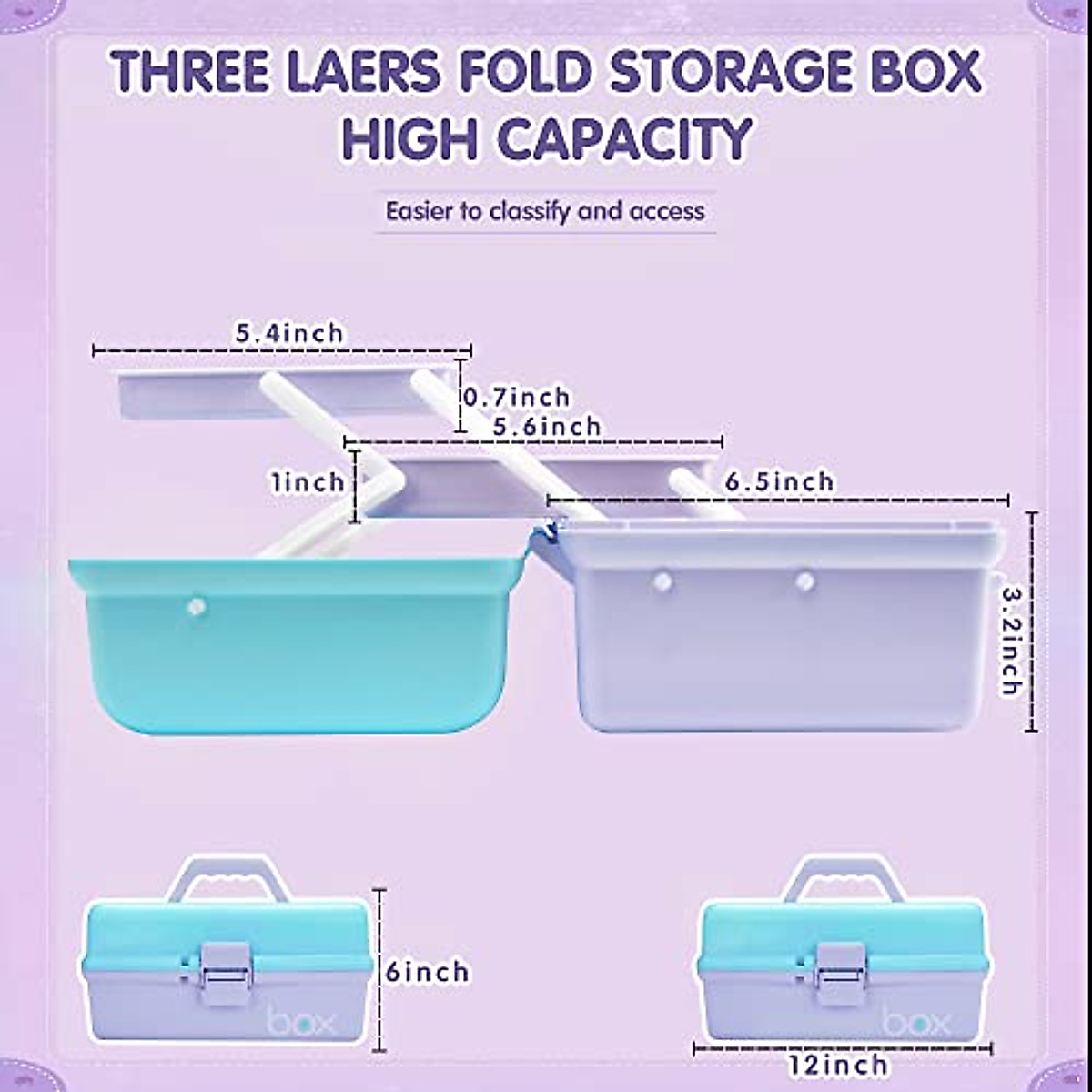 TERGOO 12in Three-Layer Multipurpose Storage Box Organizer Folding Tool Box/Art & Crafts Case/Sewing Supplies Organizer/Medicine Box/Family First Aid Box with 2 Trays (Purple Blue)