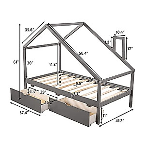 Platform Bed Daybed with Two Pull-Out Drawers and Roof, House Bed Frame for Kids, Twin Size, Gray