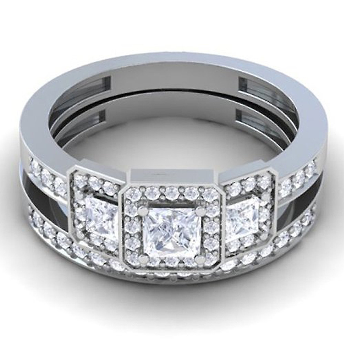 Dazzlingrock Collection 1.00 Carat (Cttw) 14k Round & Princess 3 Stone Diamond Women Engagement Ring Set 1 CT, White Gold, Size 8.5