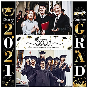 Graduation Decorations-2021,Graduation Decoration Hanging Banner Home Door Porch , Welcome Home Decor Sign,Congrats Graduation Party Supplies Hanging Gold Black And White Banner