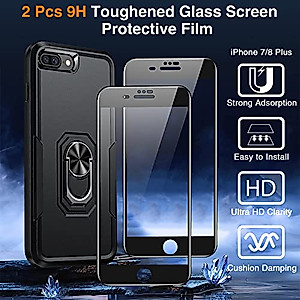 Nineasy for iPhone 8 Plus Case, [4 in 1] iPhone 7 Plus Case with[2Pcs 9H Glass Screen Protector] Built-in[360° Ring Stand] [10FT Military Dropproof] Shockproof Phone Case for iPhone 8 Plus/7 Plus 5.5"
