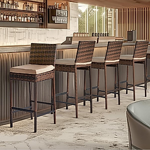 VINGLI Outdoor Bar Stools Set of 2 with Cushions Wicker Bar Stools, Bar Height Patio Chairs Outdoor Rattan Stool for Garden Pool Lawn Backyard