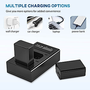 2-Pack NP-FW50 Battery Replacement for Sony ZV-E10,A6000,A6300,A6400,A6500,A7, A7S, A7R, A7 II, A7S II, A7R II, RX10, NEX-7, NEX-6, NEX-5,NP-FW50 Batteries with USB-C NP-FW50 Battery Charger
