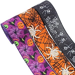 3 Rolls 15 Yards Halloween Ribbon Wired Edge Ribbons 2.5 inchSpider Web Skull Pumpkin Ribbons ，Purple Orange Black Burlap Ribbon ，for Wreath Home Party DIY Craft Floral Bow Decoration Supplies