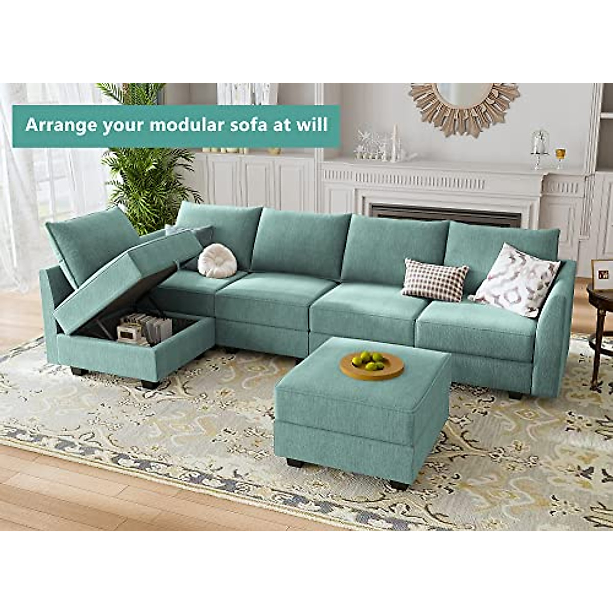 HONBAY Modular Sectional Sofa Sleeper Couch U Shaped Modular Couch with Storage Seats Full Size Modular Sofa Bed for Living Room, Aqua Blue