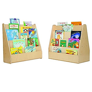 Contender Fully Assembled Double-Sided Book Cart On Wheels, Baltic Birch Book Display Stand, Wood Montessori Bookshelf Organizer For Kids In Natural Finish