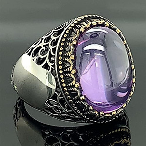 Men Handmade Ring, Amethyst Men's Ring, Ottoman Ring, Embroidered Men's Ring, 925k Sterling Silver Ring