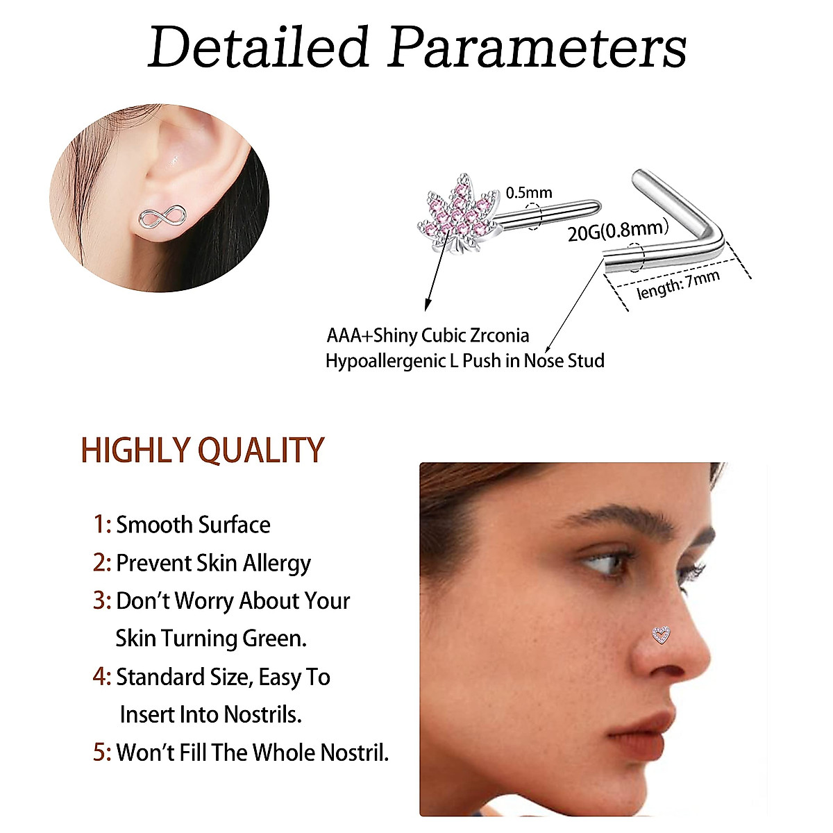 Staligue 12pcs Threadless Push in Nose Rings 20g L Shaped Dangle Push in Nose studs Stainless Steel Pushin Nose Screw Studs For Women L Shaped Screw Studs Flower Heart Nose Push in Piercing Jewelry