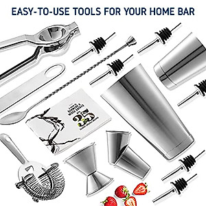 Bar Set Cocktail Shaker Set, Stainless Steel Mixology Bartender Kit, 16 Piece Cocktail Kit, Silver Cocktail Set, Bar Tools: 30oz Martini Shaker, Muddler, Bar Kit Cocktail Book, Jigger and Pourers
