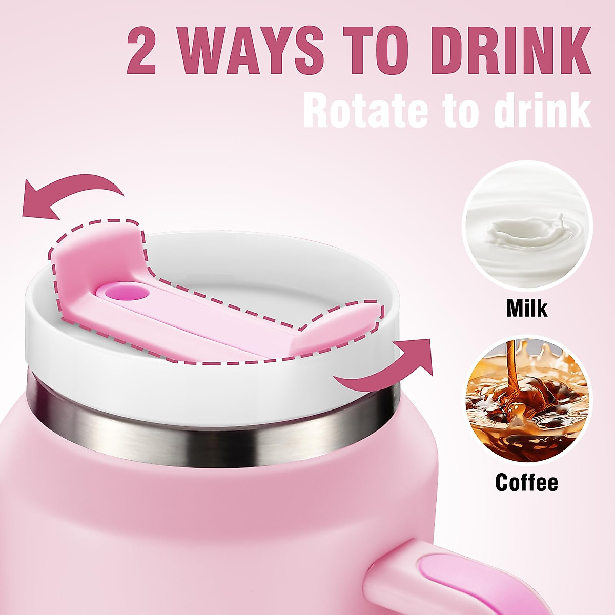 PlanetFlame 64oz Insulated Tumbler with Handle, Stainless Steel Double Wall Vacuumn Water Bottle, Lid and Straw for School, Gym, Hiking & Camping, Pink