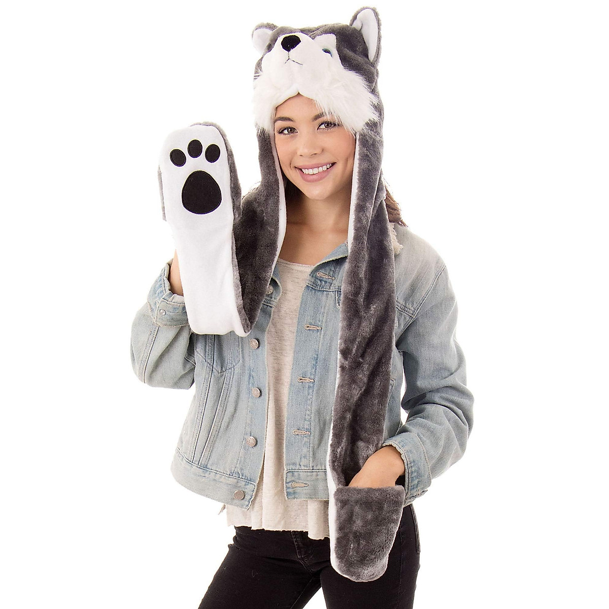 Simplicity Winter Animal Hats Caps Full Hoodie Grey Dog Caps with Scarf Mitten