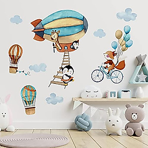 Mfault Baby Hot Air Balloon Animals Wall Decals Stickers, Penguin Giraffe Fox Bike Nursery Decorations Boy Girl Bedroom Playroom Art, Neutral Toddlers Kids Room Decor Gifts
