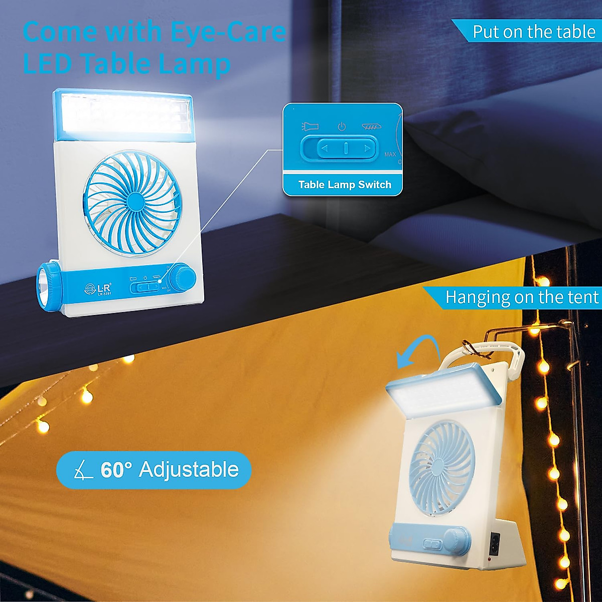 Ansee Solar Fan Camping Fan Cooling Table Fans 3 in 1 Multi-Function with Eye-Care LED Table Lamp Flashlight Torch Solar Panel Adaptor Plug for Home Use Camping (Blue)